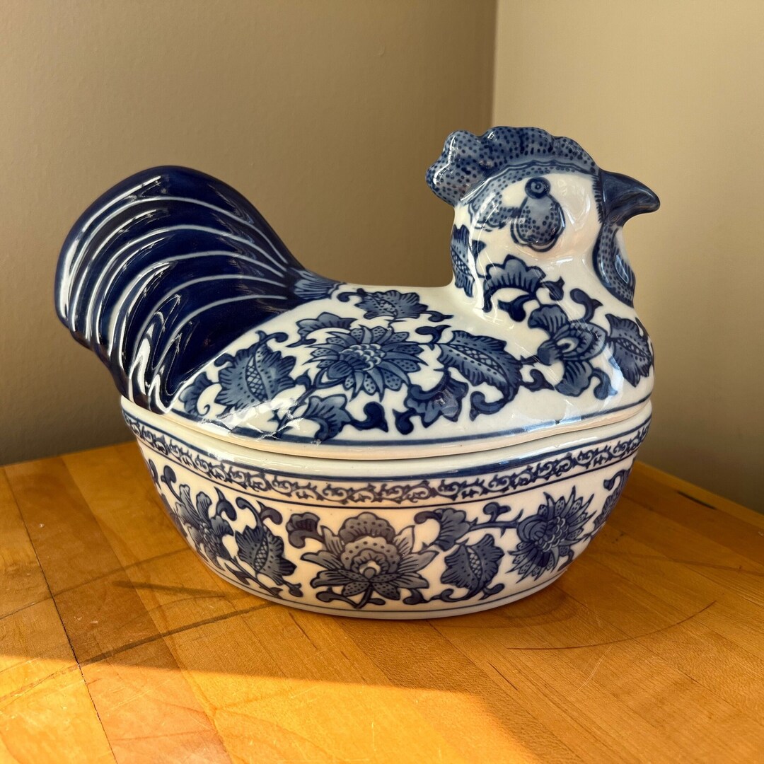 Vintage Rooster Covered Dish, Blue and White Ceramic Rooster Dish, Blue ...