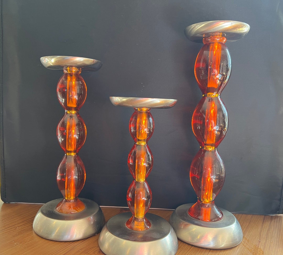 Vintage Lucite Candlesticks, Orange or Amberina Lucite Ball or Spindle ...