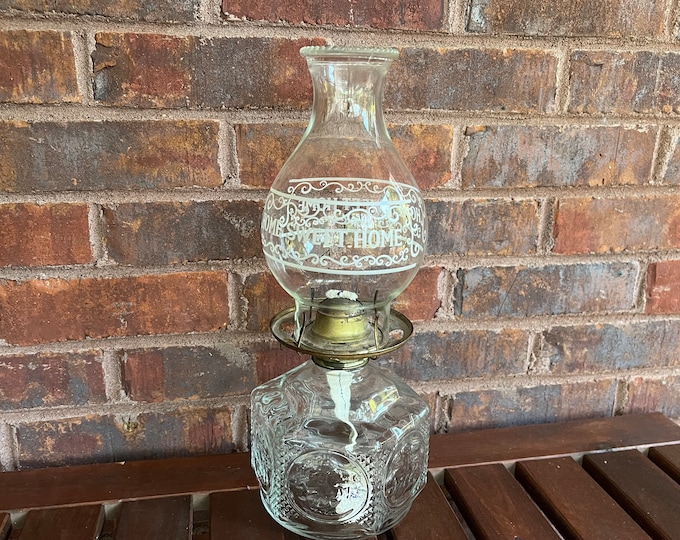 Vintage Home Sweet Home Oil Lamp, Lamplight Farms Pressed Clear Glass ...