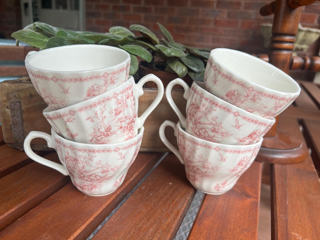 Set of 6 Chelsea Toile Pink Tea Cups, English Scenes, Swirl Ceramic ...