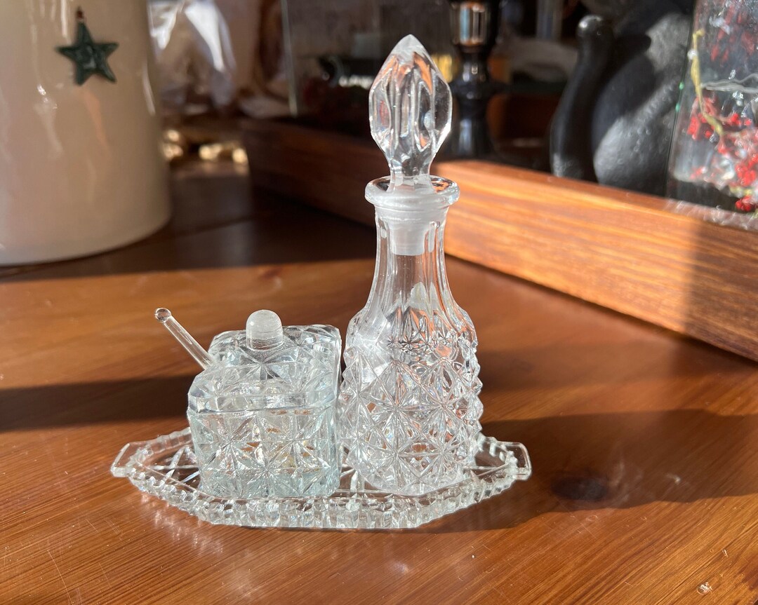 Glass Condiment Set, Miniature Glass Salt Cellar and Tall Cruet With ...