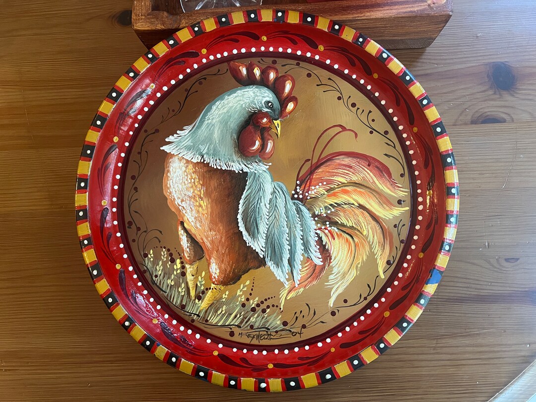 Tin Rooster Tray, Hand Painted Tin Rooster Tray, Farmhouse Decor Red ...