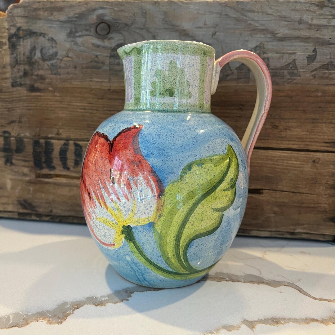 Italian Pottery Pitcher, Hand Painted, Floral Pitcher, Red Tulip ...
