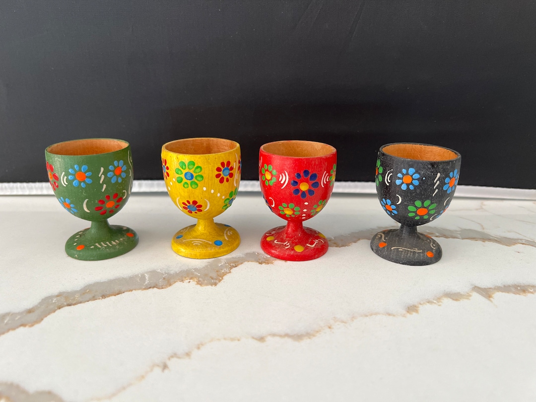 Wood Egg Cups From Germany, Charming Wood Set of 4 Hand Painted Egg ...