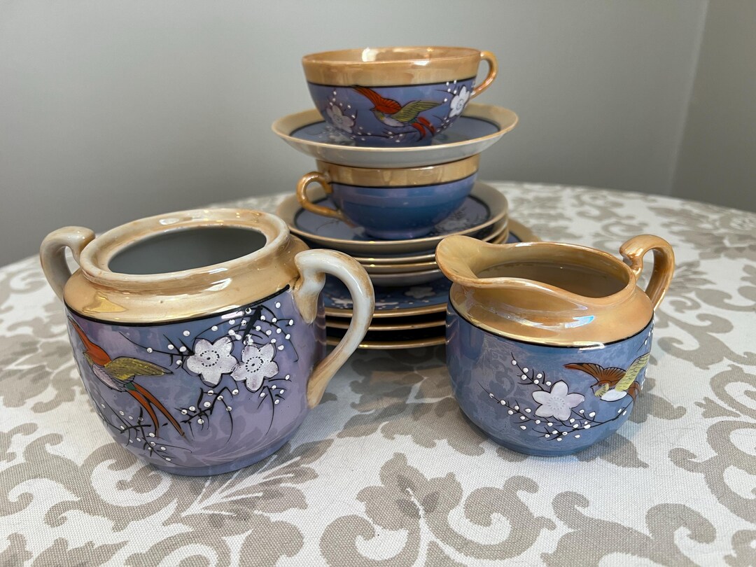 Vintage Japanese Lusterware Tea Set, Pale Blue Cherry Blossoms, 12 ...