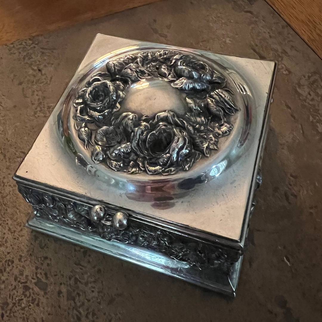 Square Silver Plate Trinket Box With Velvet Lining Rose Design - Etsy