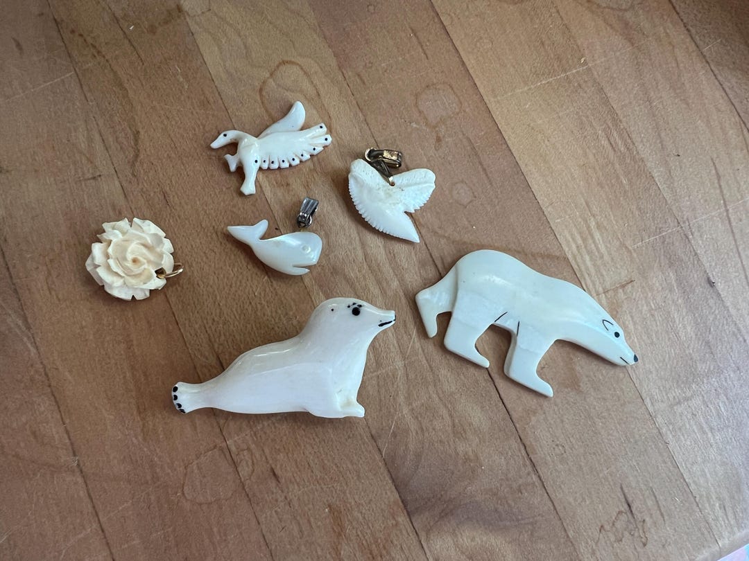 Vintage Carved Alaskan Ivory Pins, Seal, Polar Bear, Whale, Shar Tooth ...