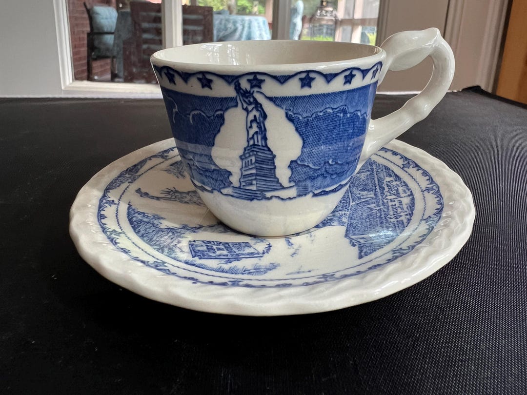 Statue of Liberty Tea Cup and Saucer, Vernon Kilns Blue and White, Lady ...