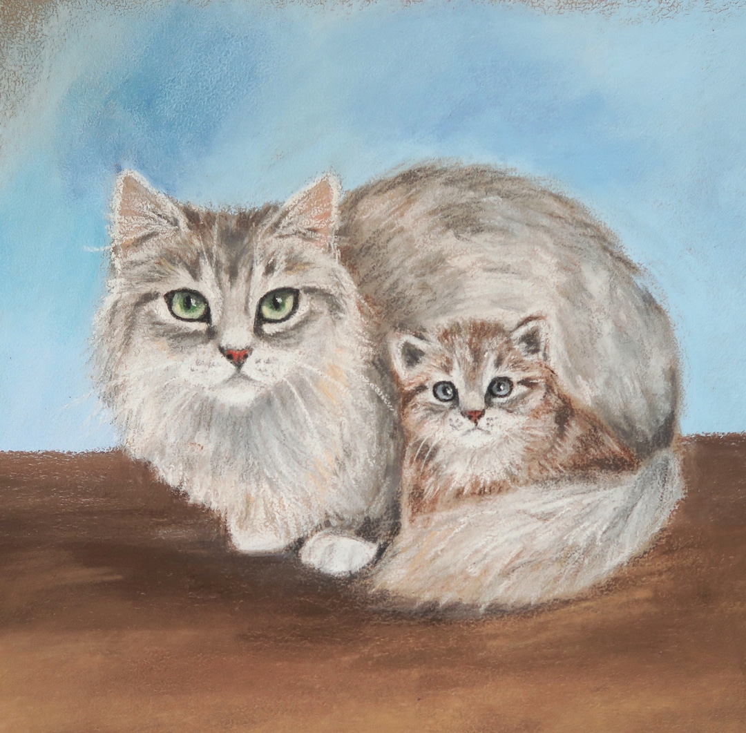 Cute Cats Mom With Baby Cat Portrait Animal Art Cat Art Patel - Etsy