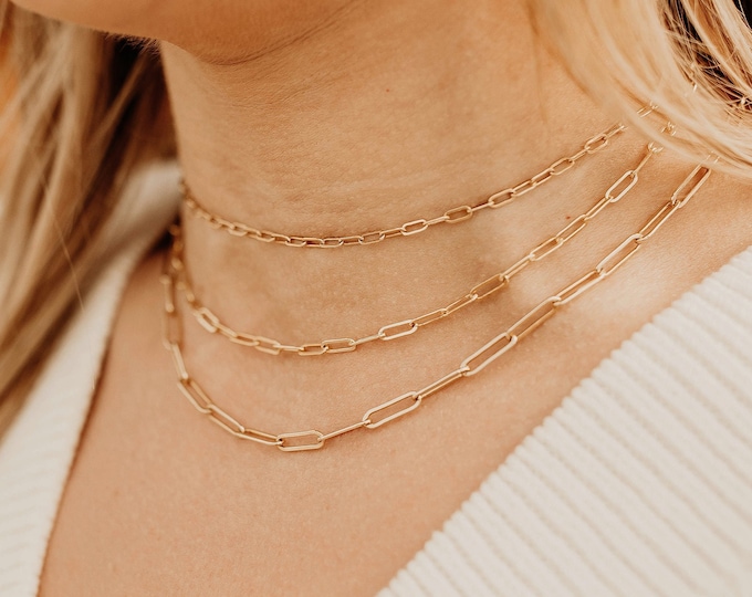 Paperclip Chain Necklace Solid 14K Gold Fill Ladies Rectangle - Etsy