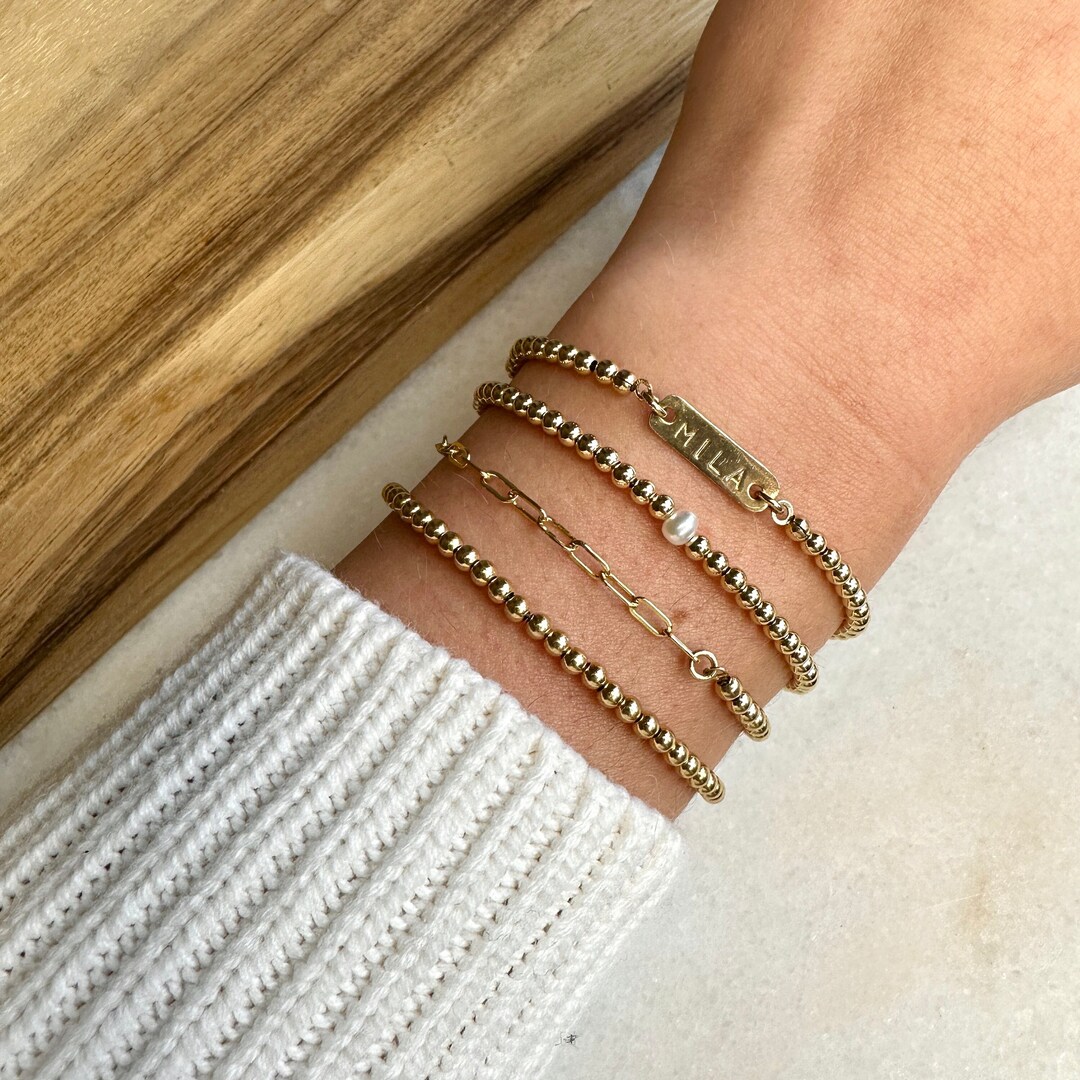 Handmade 3mm Gold Filled Bead Bracelet, Name Plate Bracelet, Pearl ...