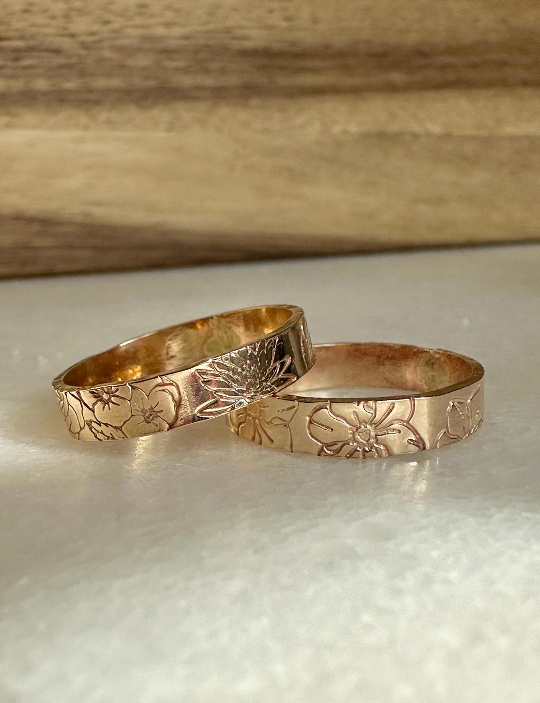 Hand Stamped Gold Birth Flower Ring, Gold Filled Floral Band, 4mm Thick ...