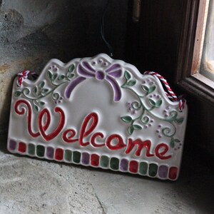 Handmade Ceramic Welcome Sign Colorful Floral Wall Decor With Bow ...