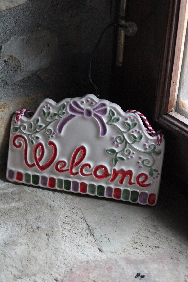 Handmade Ceramic Welcome Sign Colorful Floral Wall Decor With Bow ...