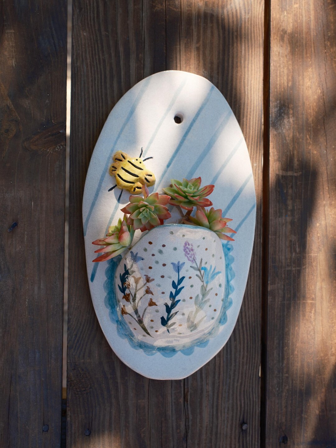 Handmade Ceramic Wall Pot With Floral Motif & Bumblebee Accent ...