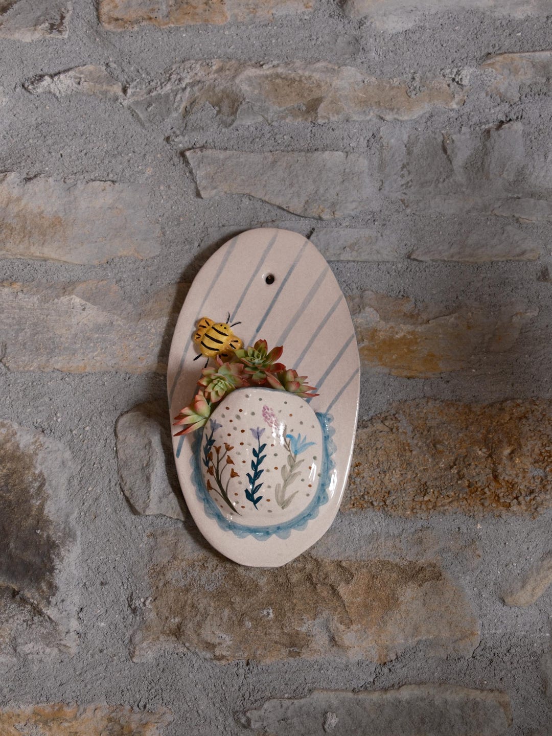 Handmade Ceramic Wall Pot With Floral Motif & Bumblebee Accent ...
