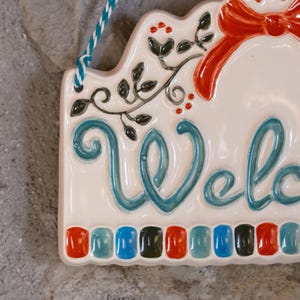 Handmade Ceramic Welcome Sign Colorful Floral Wall Decor With Bow ...