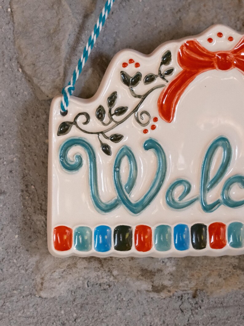 Handmade Ceramic Welcome Sign Colorful Floral Wall Decor With Bow ...