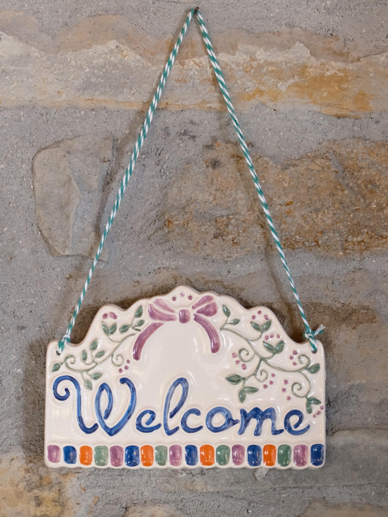 Handmade Ceramic Welcome Sign Colorful Floral Wall Decor With Bow ...