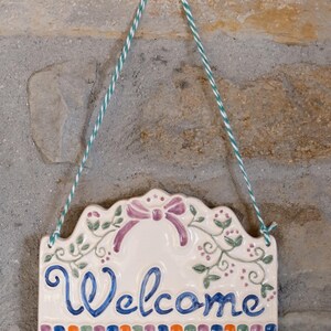 Handmade Ceramic Welcome Sign Colorful Floral Wall Decor With Bow ...