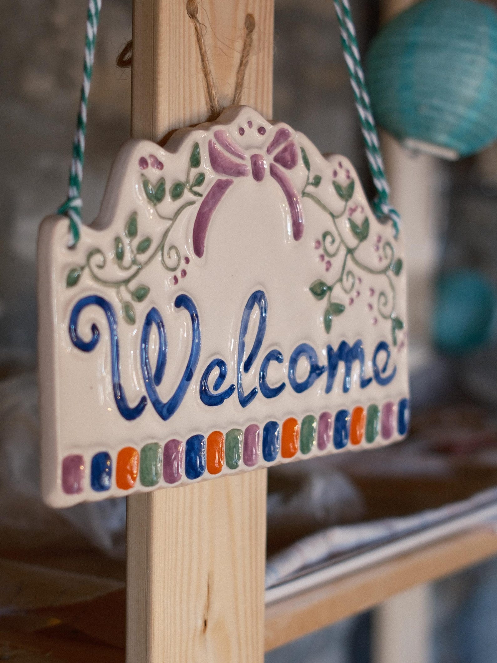 Handmade Ceramic Welcome Sign Colorful Floral Wall Decor With Bow ...