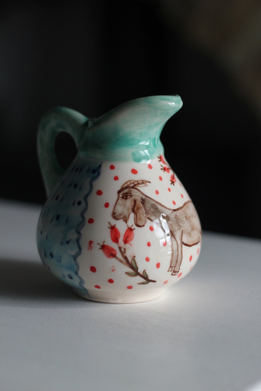 Handmade Ceramic Pitcher With Goat Illustration and Playful Polka Dots ...