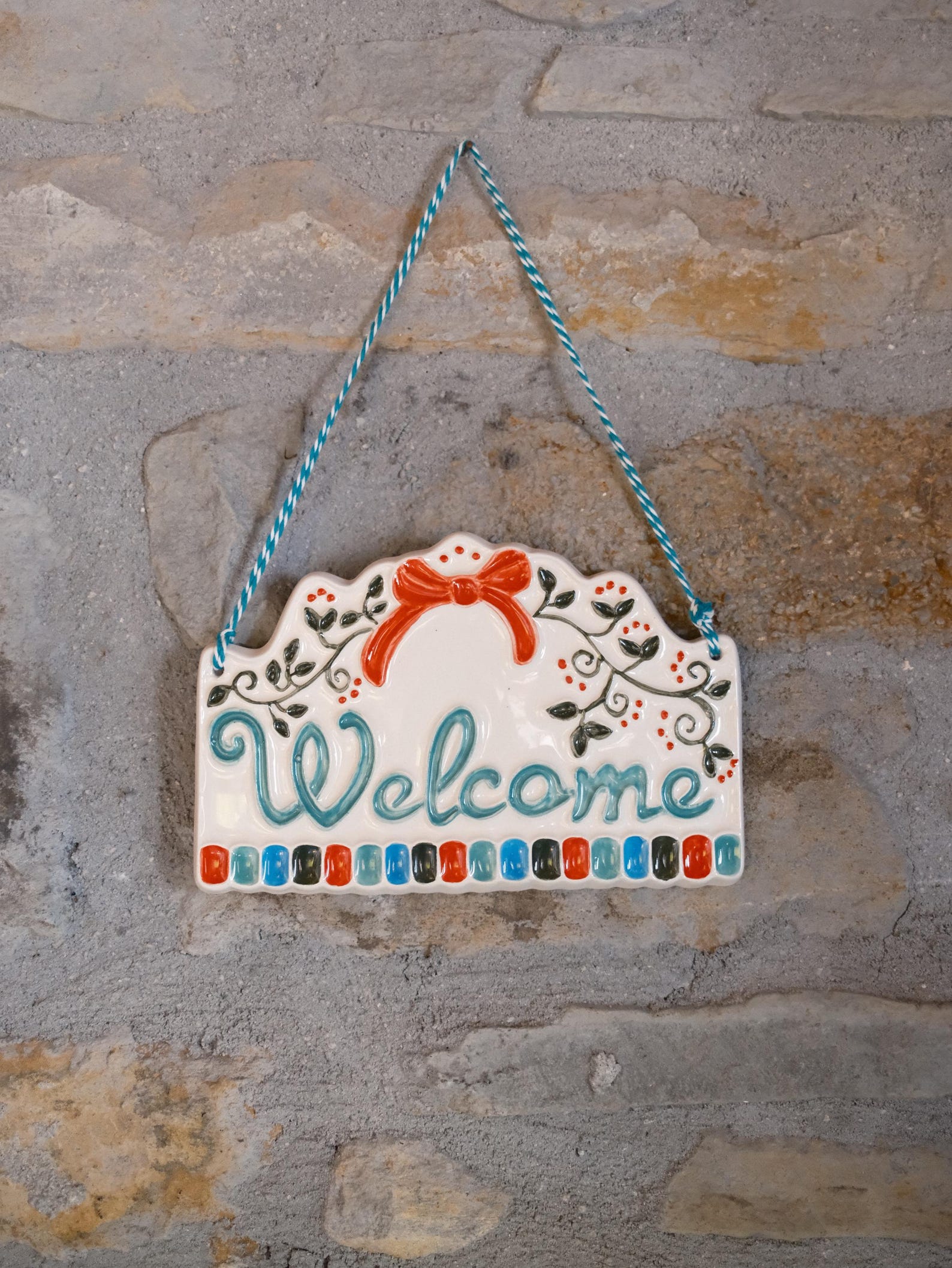 Handmade Ceramic Welcome Sign Colorful Floral Wall Decor With Bow ...
