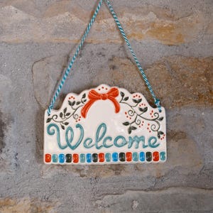 Handmade Ceramic Welcome Sign Colorful Floral Wall Decor With Bow ...