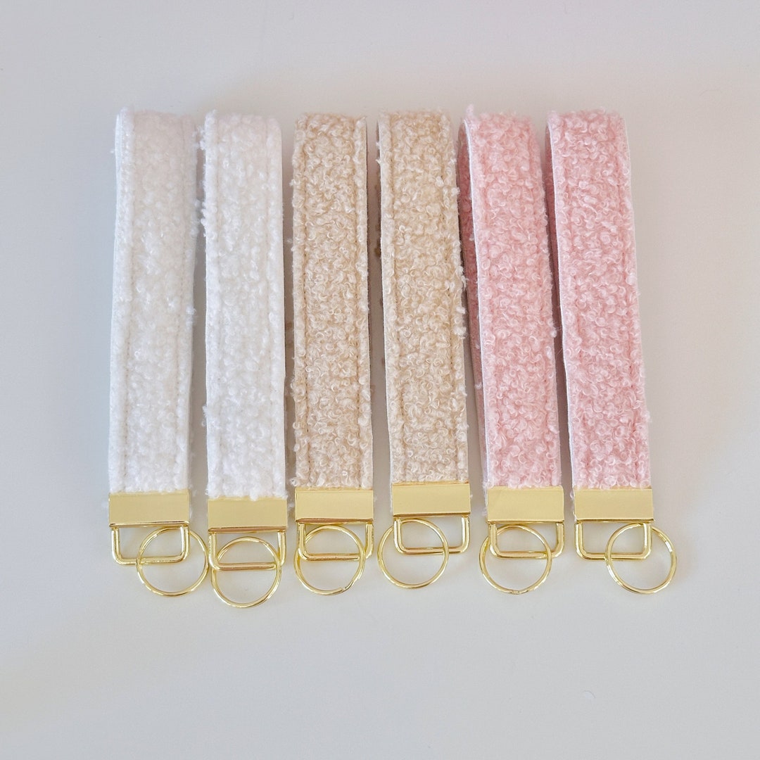 Sherpa Fleece Key Wristlet | Pink Beige Gold Teddy Wrist Lanyard | Key ...