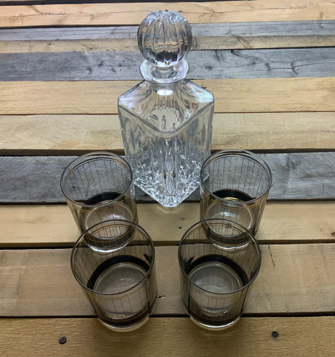 MCM 22k Culver Devon Black Striped Old Fashion Glasses W/ Block ...