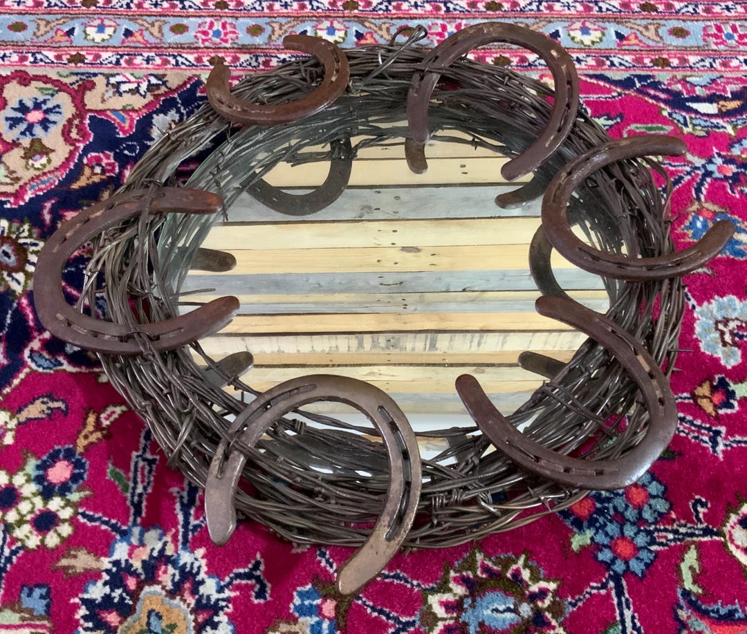 Handmade Barbed Wire Country Horse Shoe Iron & Glass Mirror Art Western ...