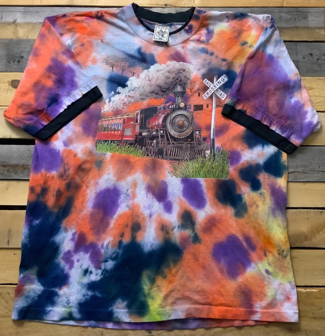 Vintage 90s Train Locomotive Railroad Crossing Tie Dye T Shirt Size 2XL ...