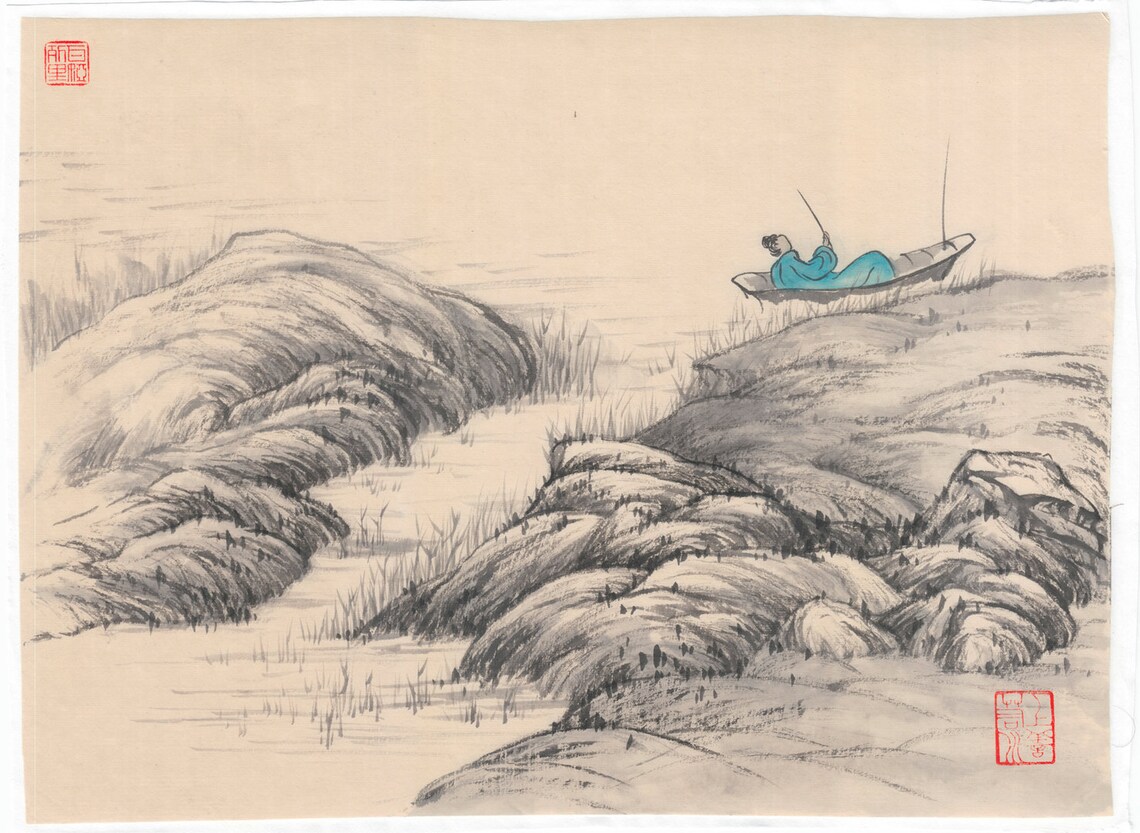 Original Painting Chinese landscape river boat ink drawing | Etsy