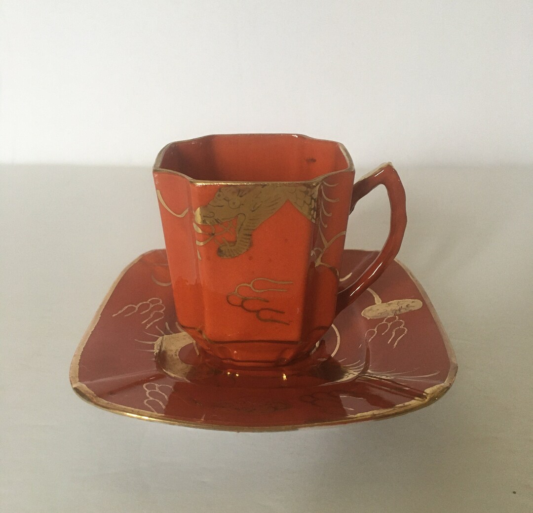 Unique Mini Porcelain Squared Teacup and Saucer in a Burnt Orange With ...