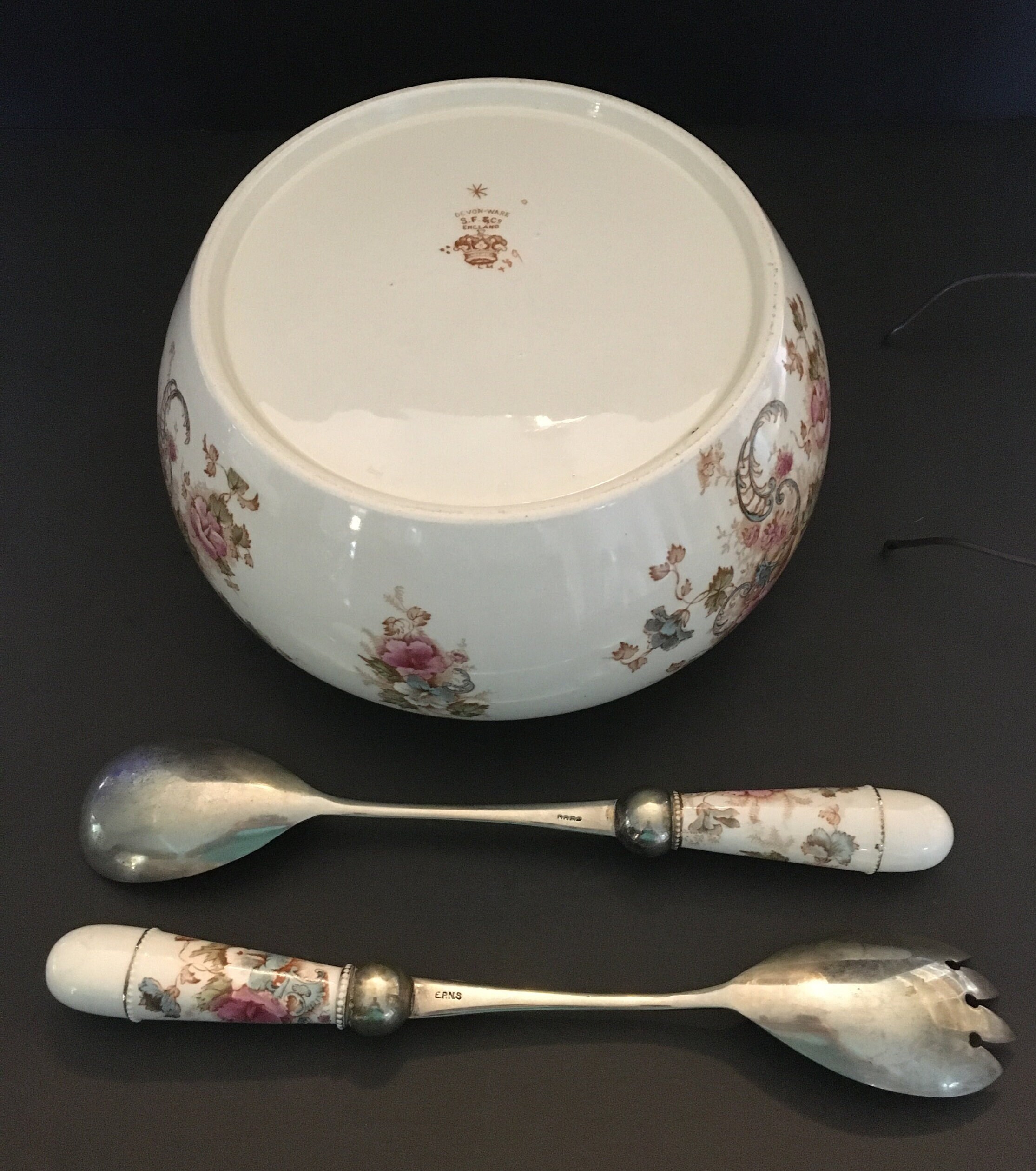 Lovely Antique Devon Ware S F & Co England Salad Bowl With Utensils and ...