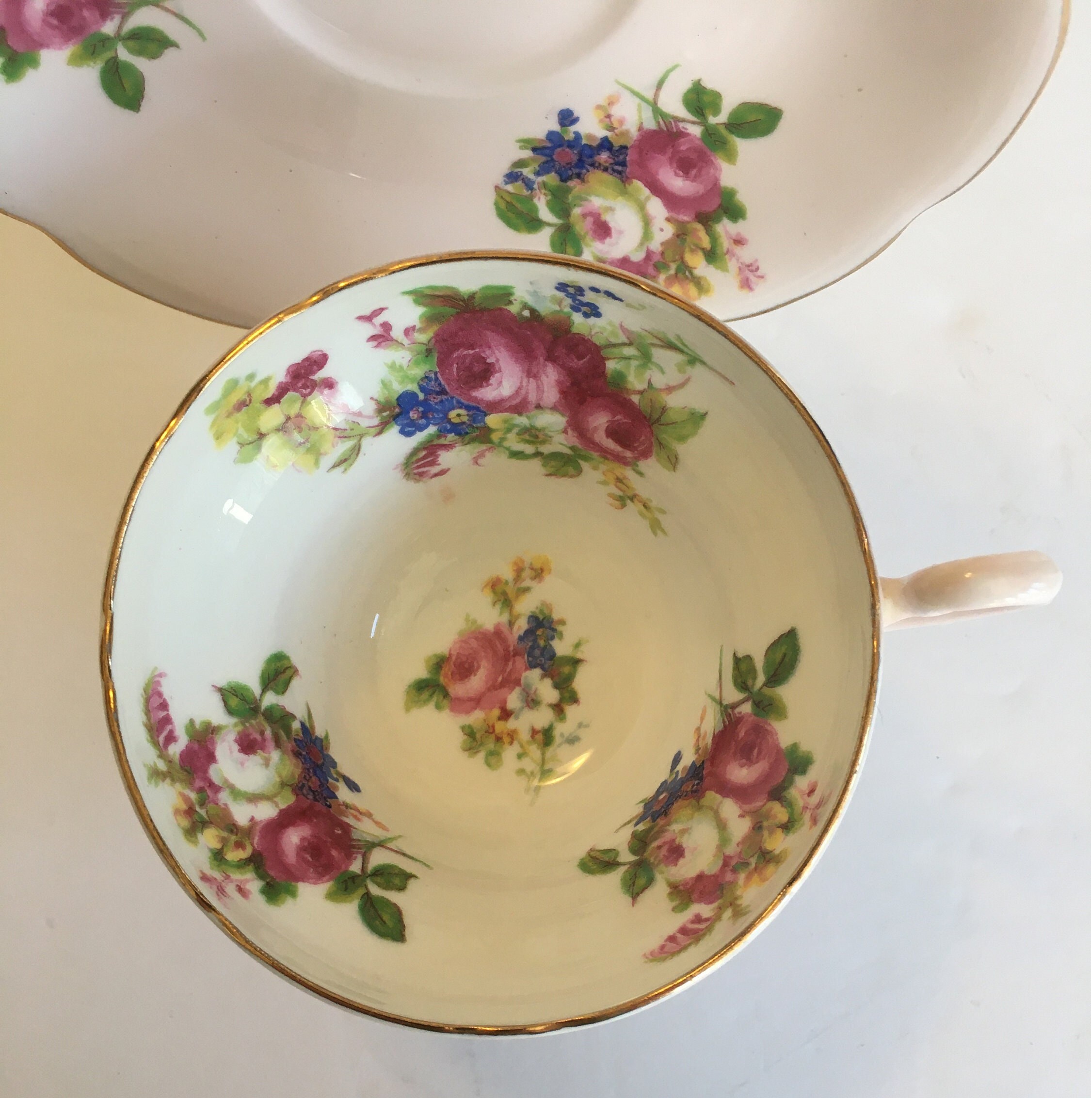 Vintage EB Foley Pink Teacup and Saucer With Bright Colourful - Etsy