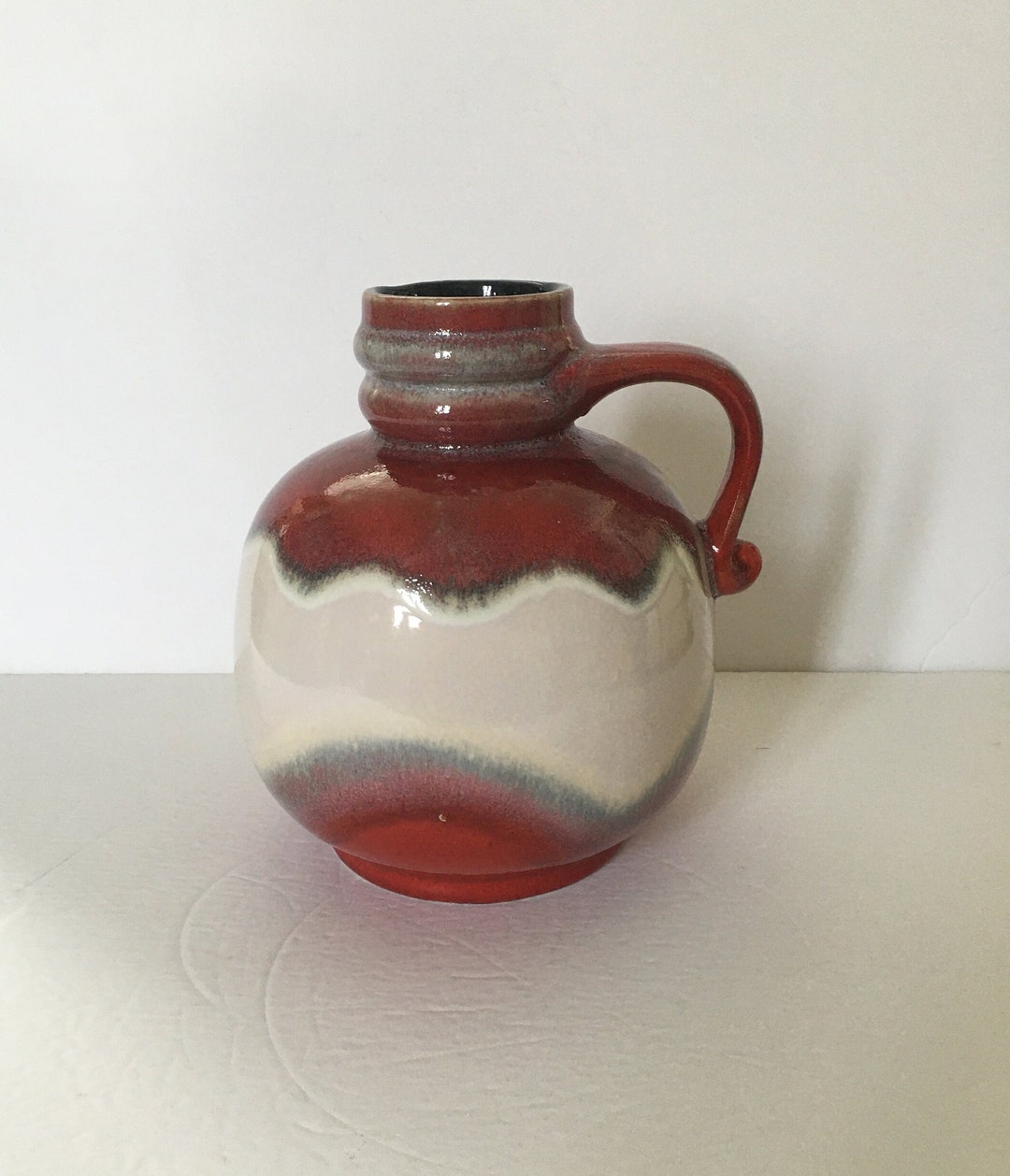 German Pot Belly Pottery Pitcher or Jug in Red, White and Grey Glazes ...