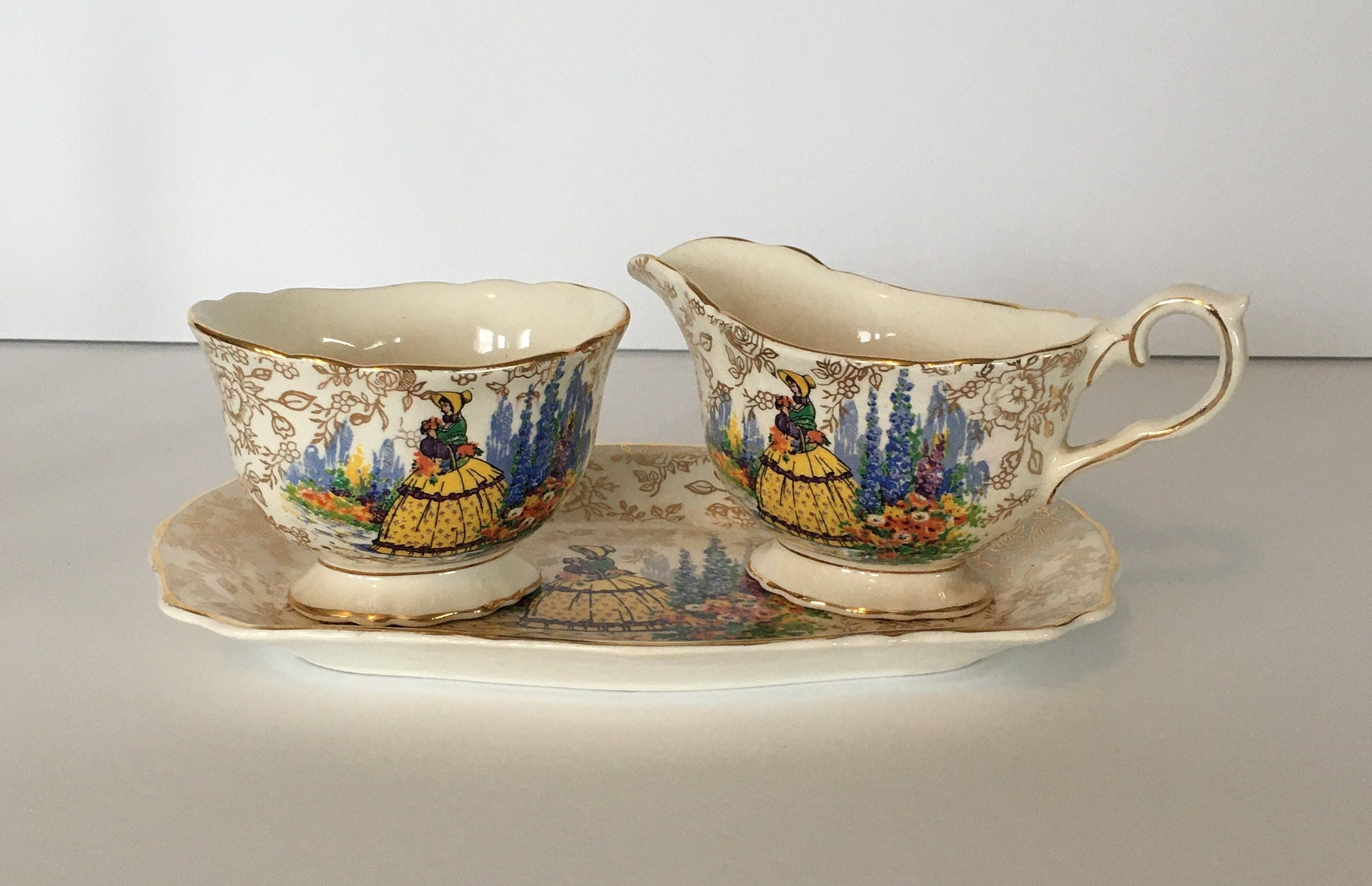 Old Foley James Kent Cream Sugar and Tray Crinoline Lady With - Etsy