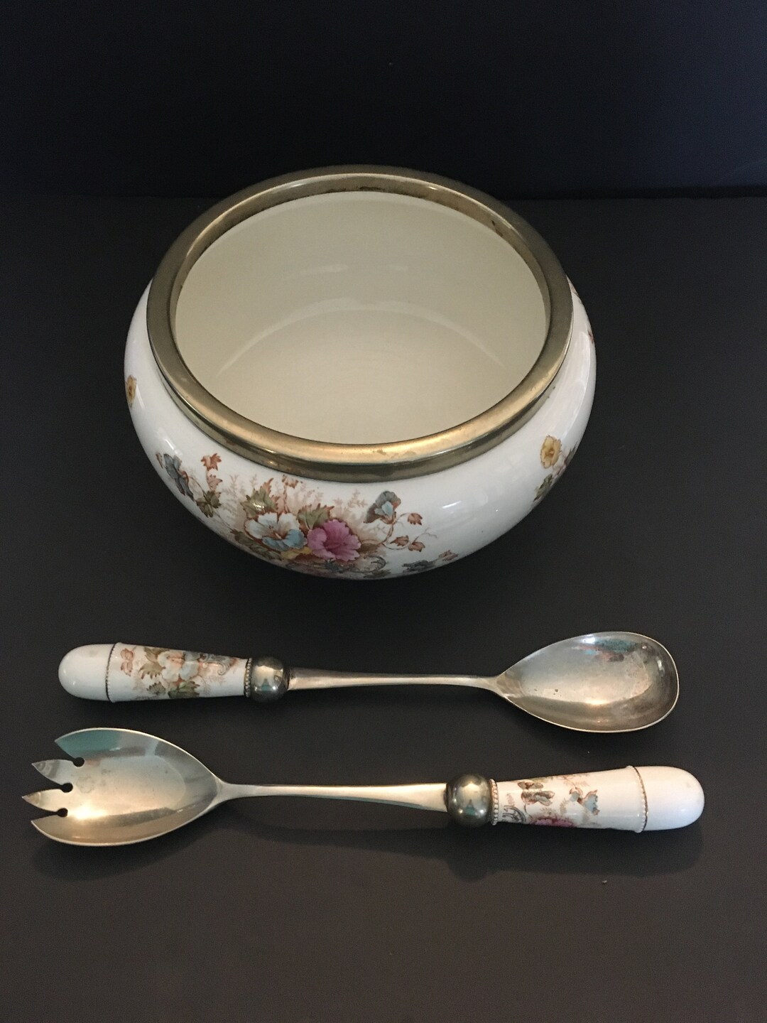 Lovely Antique Devon Ware S F & Co England Salad Bowl With Utensils and ...