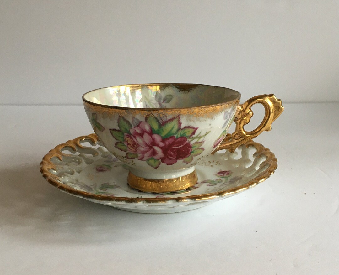 Vintage Shafford Japan Hand Painted Pearlized Teacup Pierced Saucer W ...