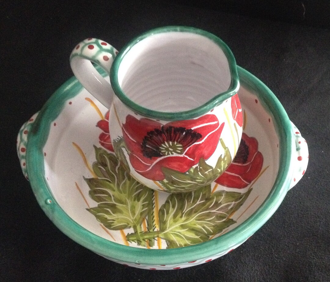 Lovely Pottery Hand Painted Large Red Poppies on Pitcher and Bowl Set ...