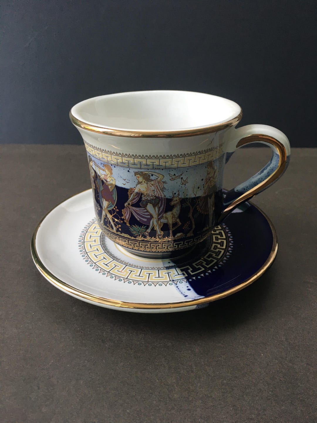 Unique Hand Made in Greece Teacup and Saucer W 24k Gold Trim Cobalt ...