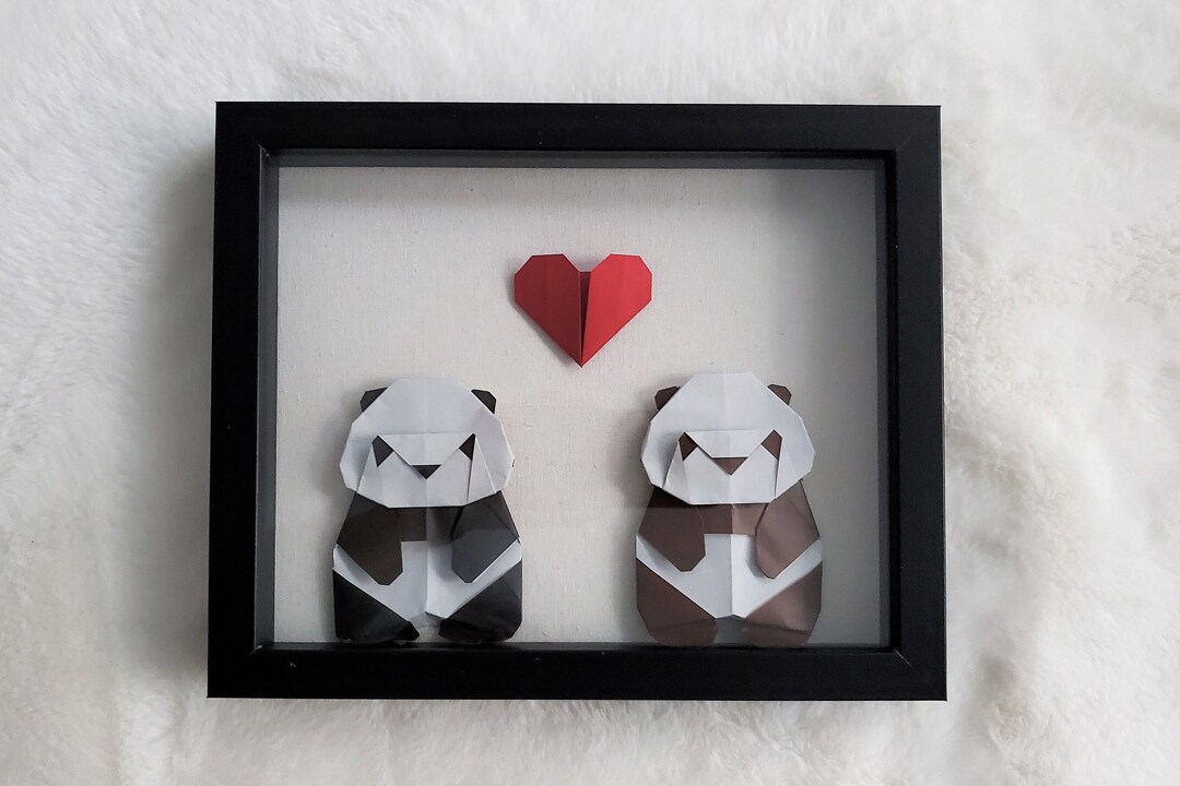 Two Origami Pandas With a Red Heart Wooden Linen Shadow Box 8x10 In - Etsy