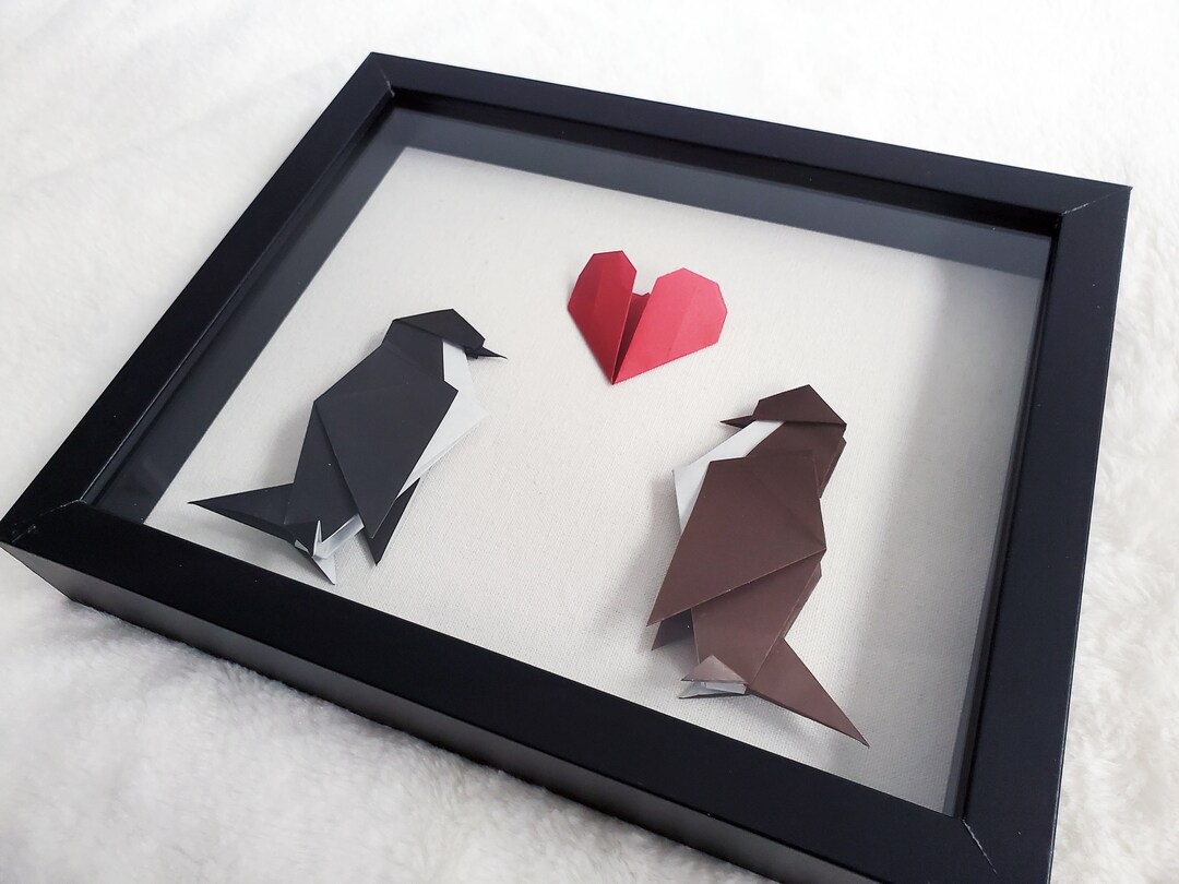 Pair of Origami Penguins With Red Heart - Handcrafted Wooden Shadow Box ...