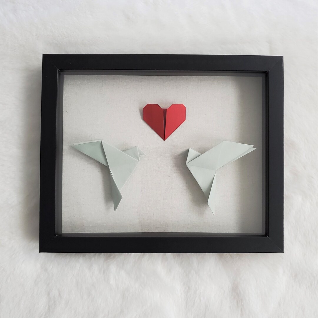 Pair of Origami Doves With Red Heart - Handcrafted Wooden Shadow Box ...