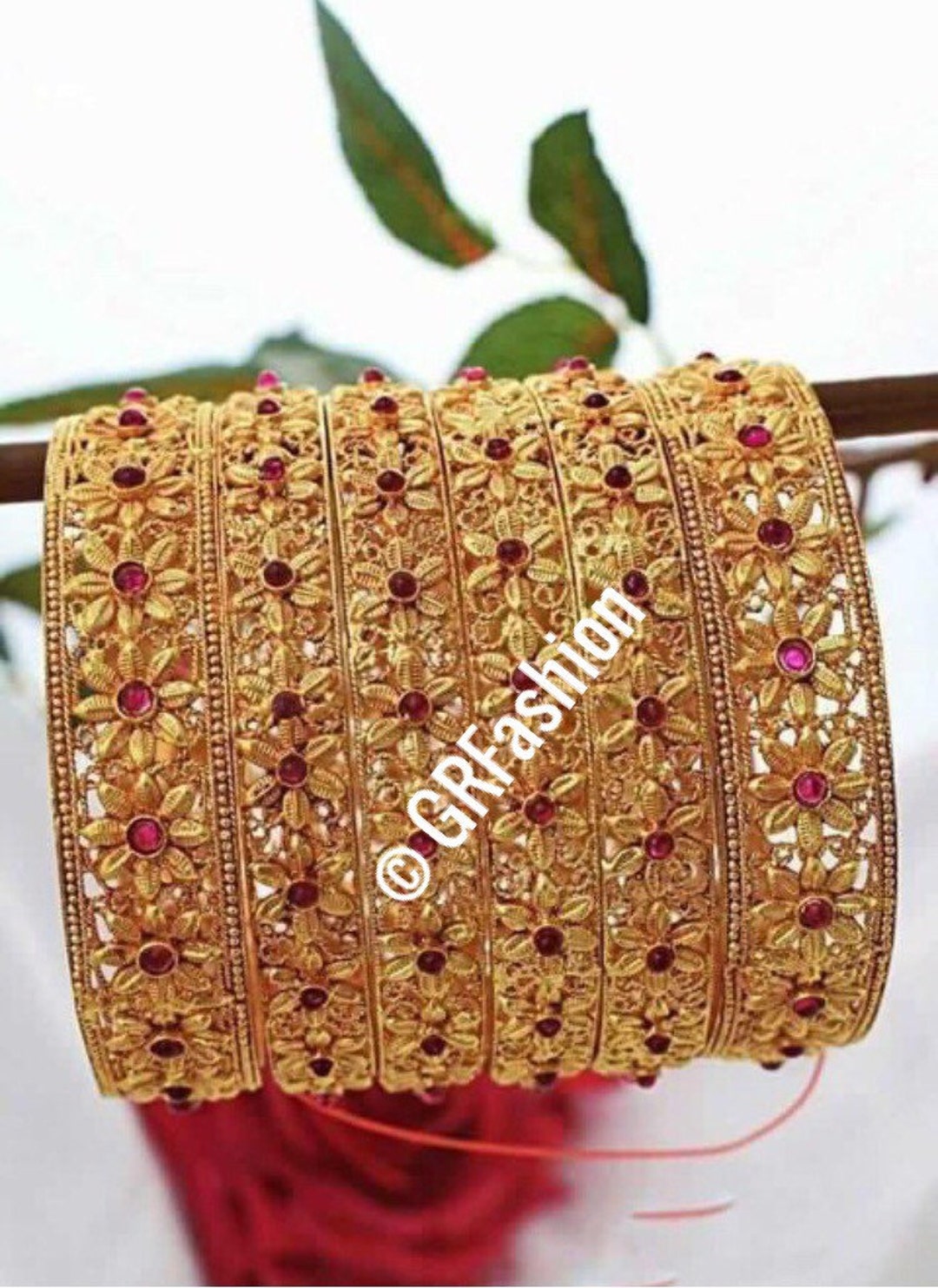 Antique Gold Plated Ruby Bangles Set, Wedding, Indian Jewelry, Gold ...