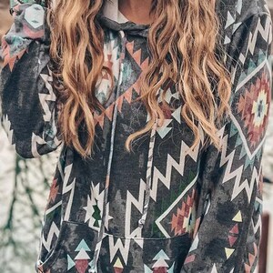 Western Aztec Print Hoodie, Drawstring Hoodie, Western Top, Aztec Print ...