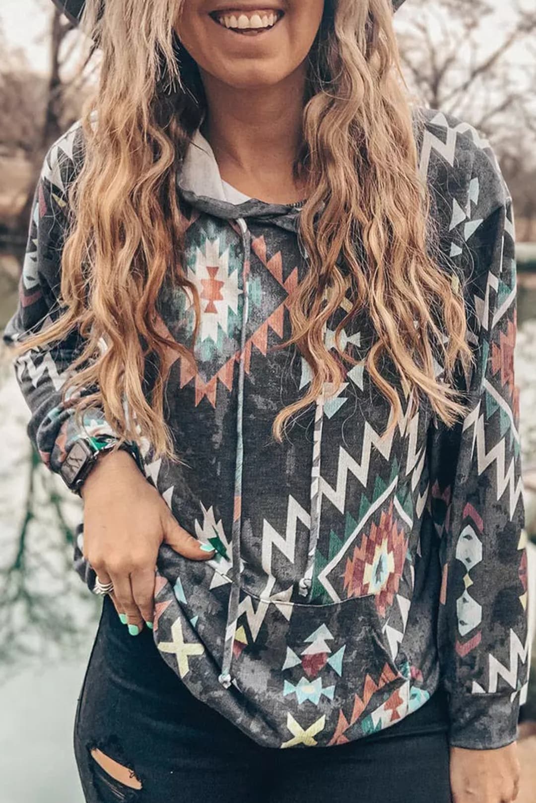 Western Aztec Print Hoodie, Drawstring Hoodie, Western Top, Aztec Print ...
