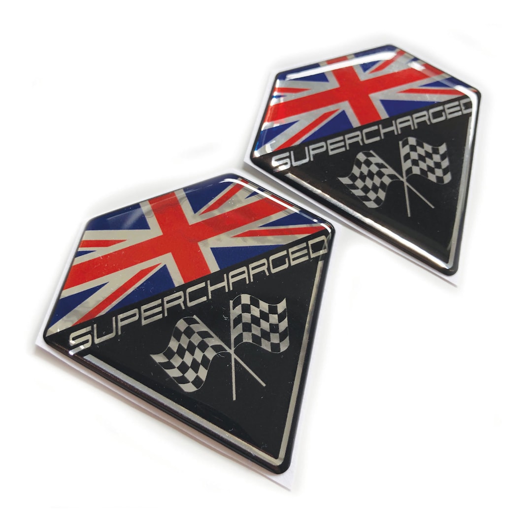 2x Supercharged Union Jack Car Chrome Wing 3D Decal Sticker Badges Fits ...
