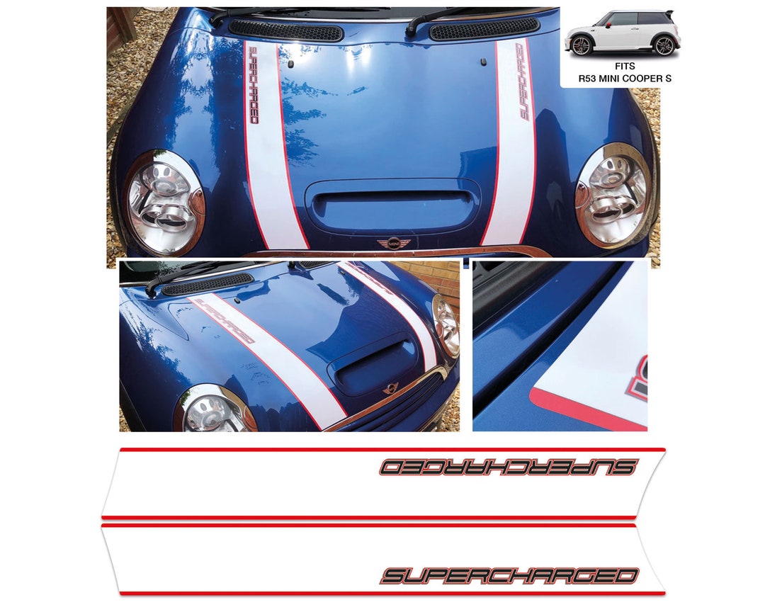 Supercharged White Bonnet Stripes Decals Fits Mini Cooper S R53 Bubble ...